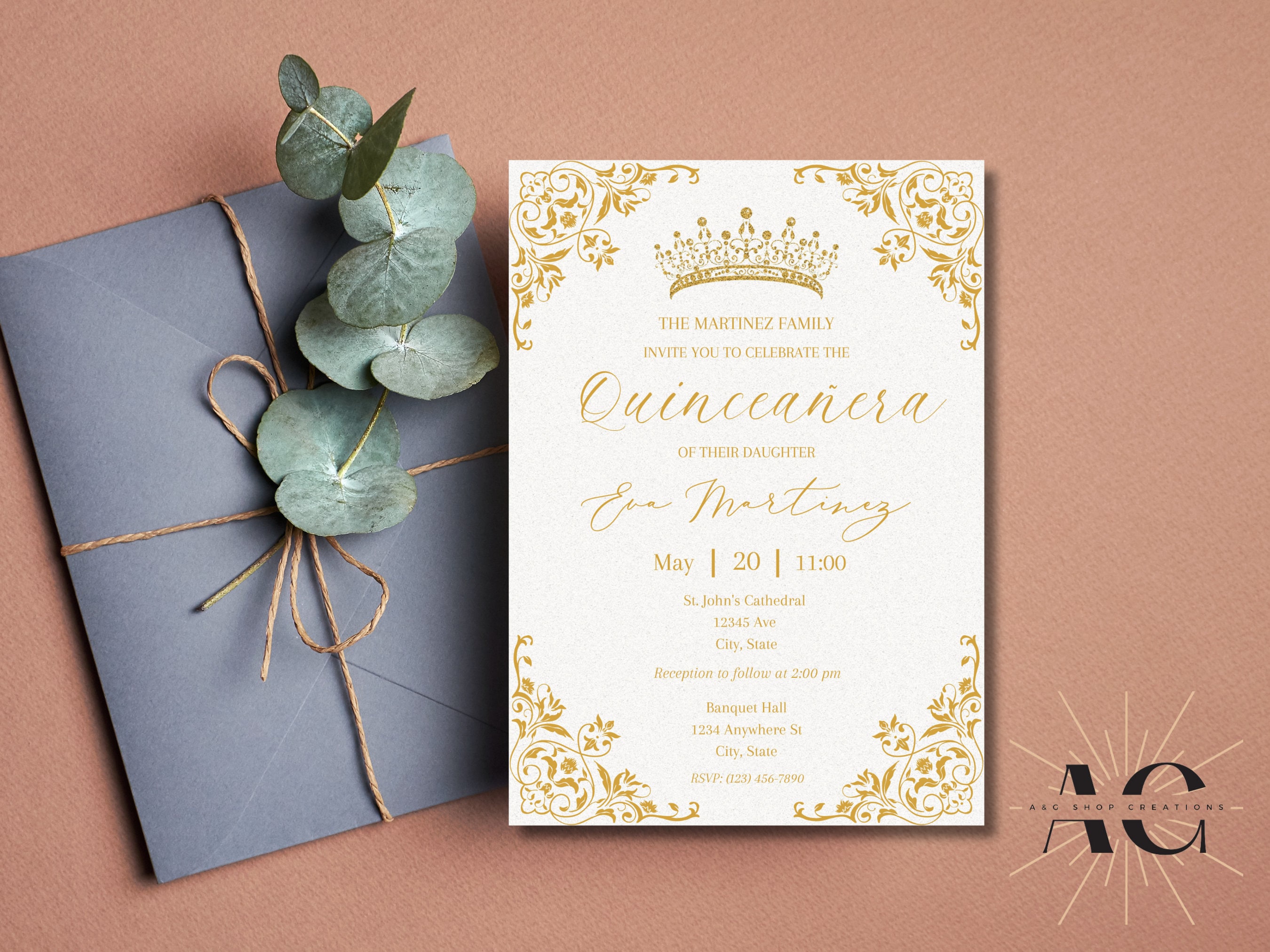 White and Gold Quinceañera Invitation: Editable Template (digital ...
