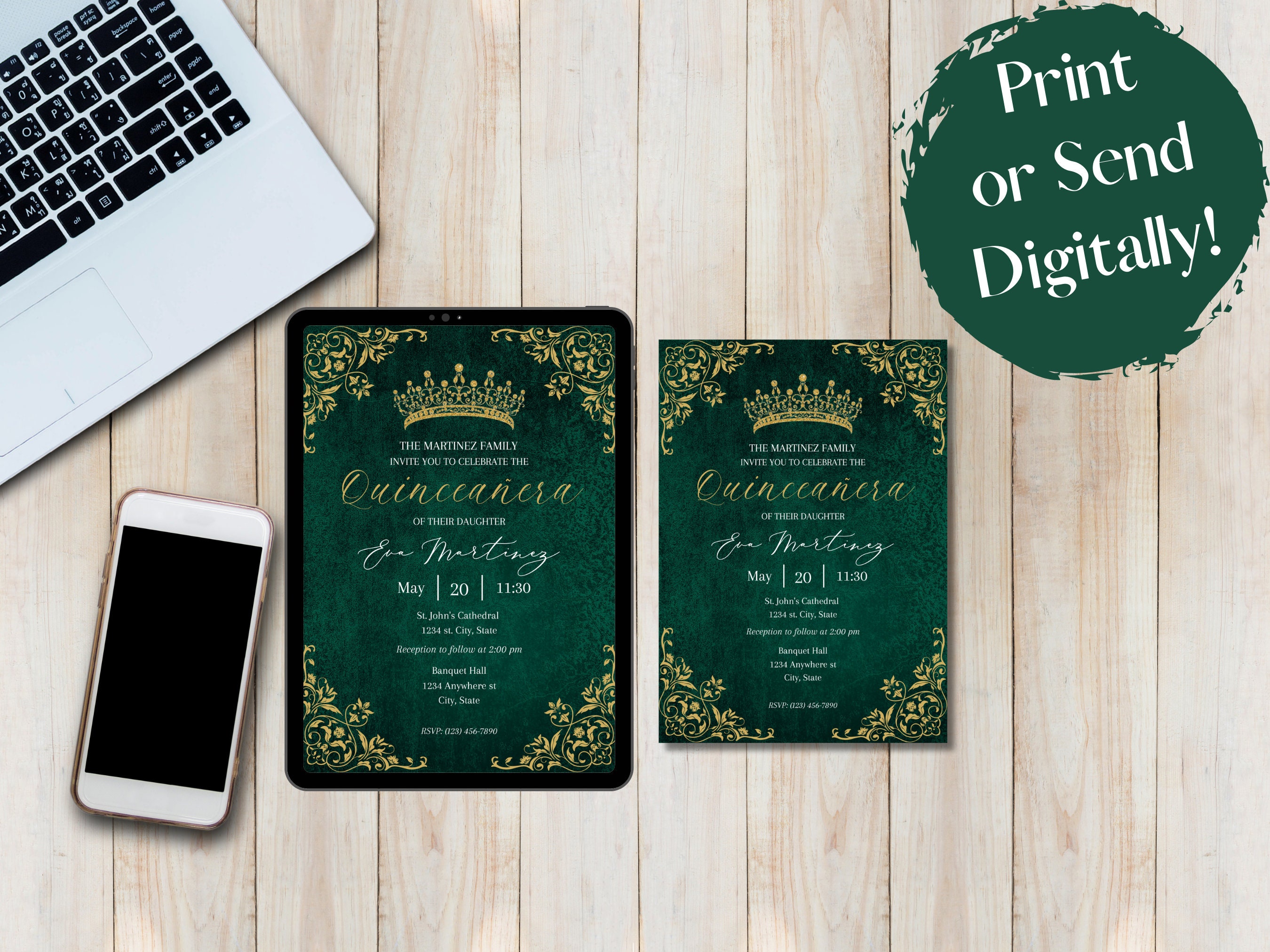 Green & Gold Quinceañera Invitation: Editable Template (digital ...