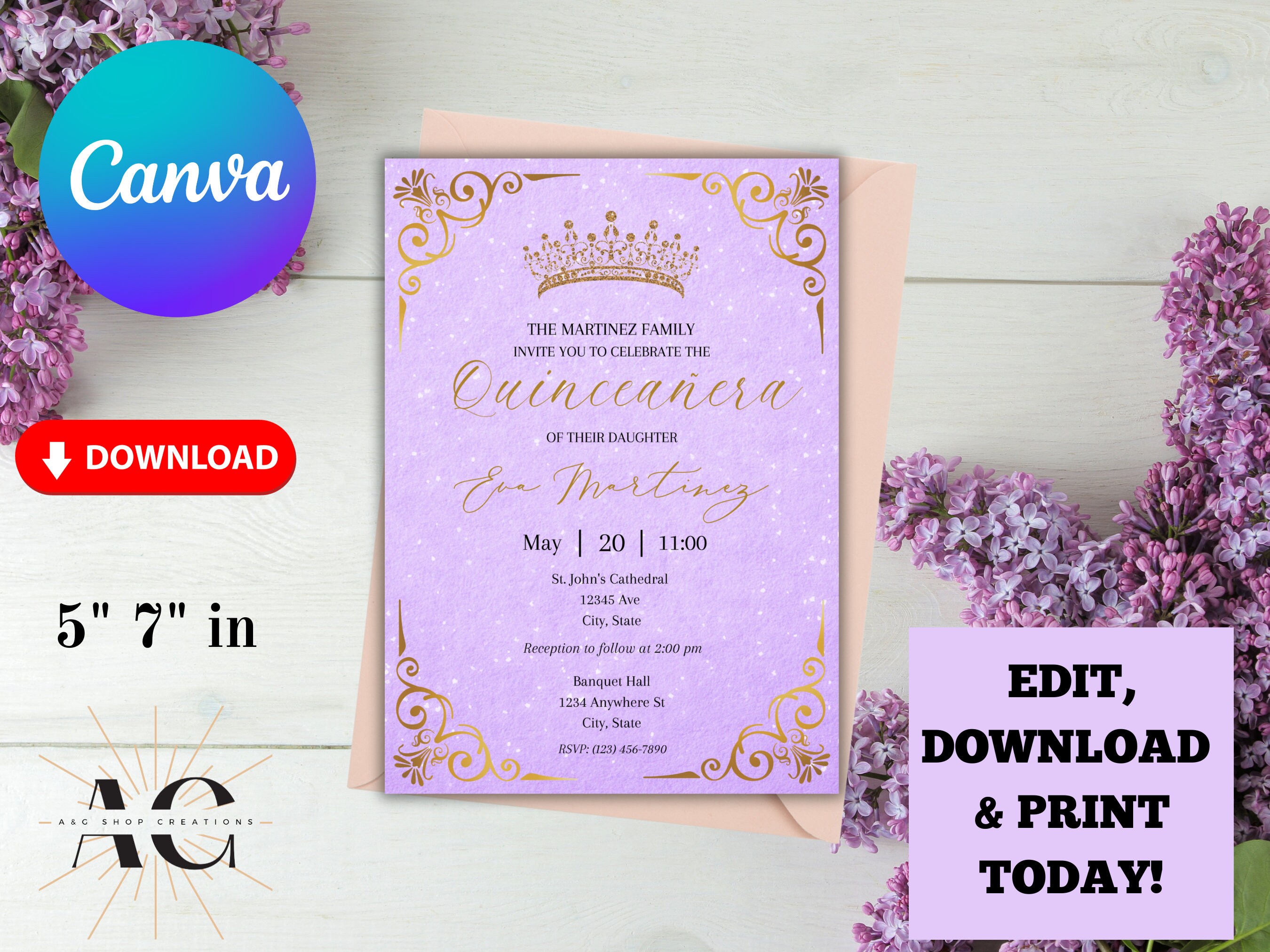Lavender Quinceañera Invitations: Editable Template (digital Download ...