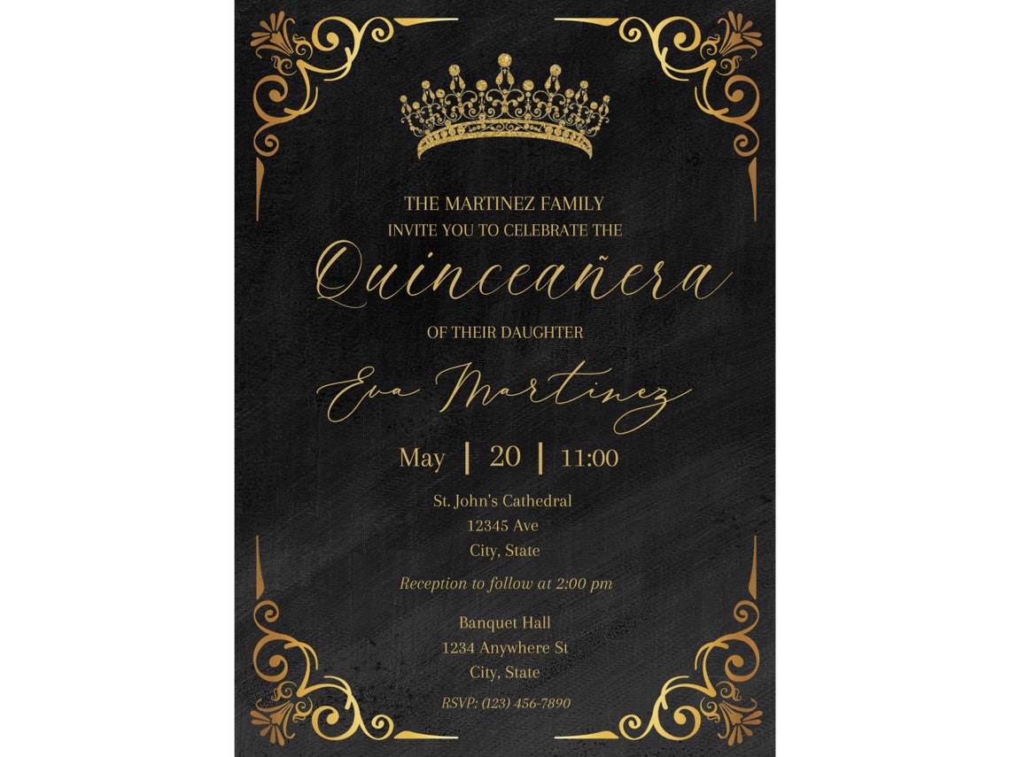 Black and Gold Quinceañera Invitation: Editable Template (digital) - Etsy