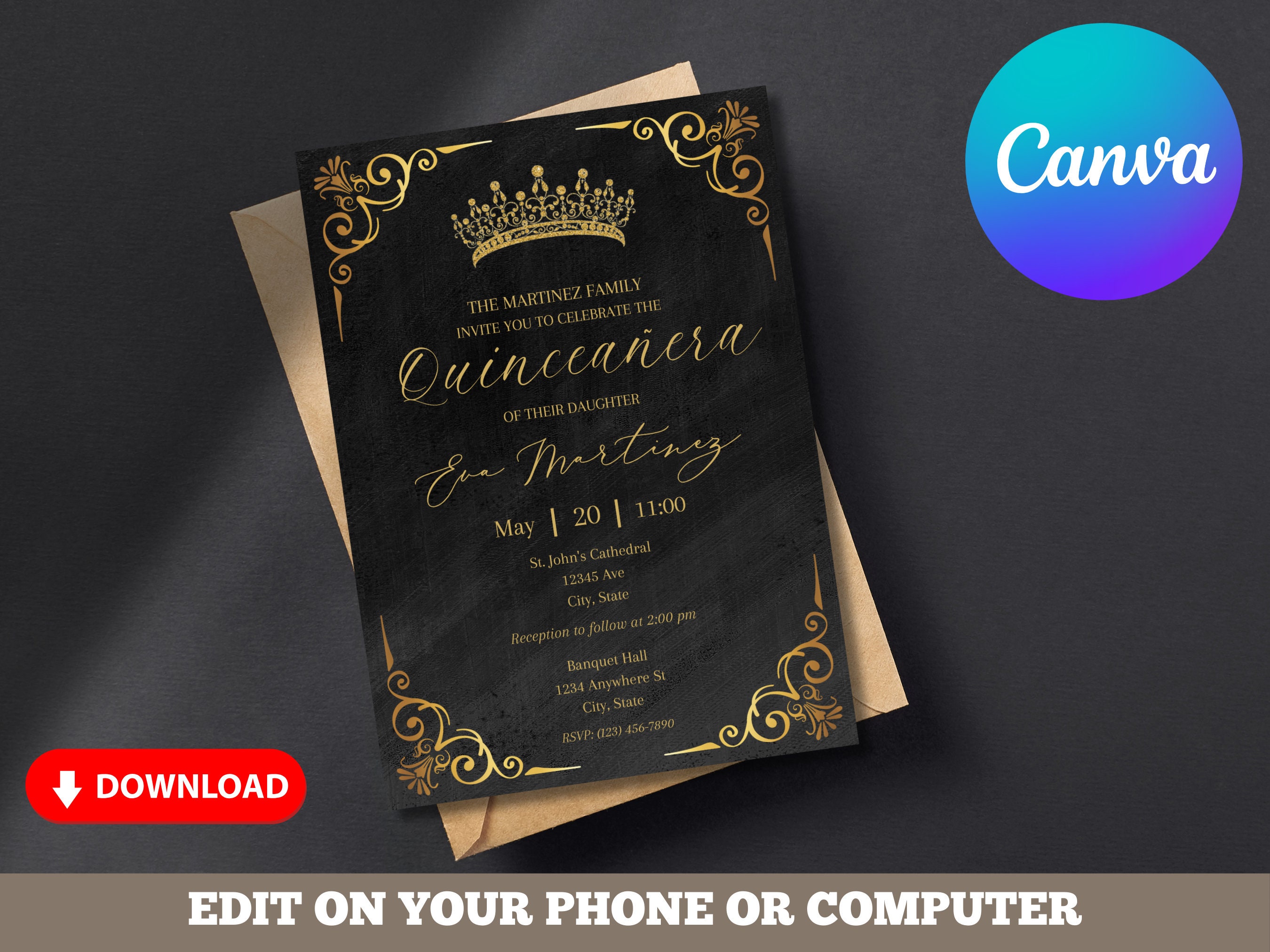 Black and Gold Quinceañera Invitation: Editable Template (digital) - Etsy