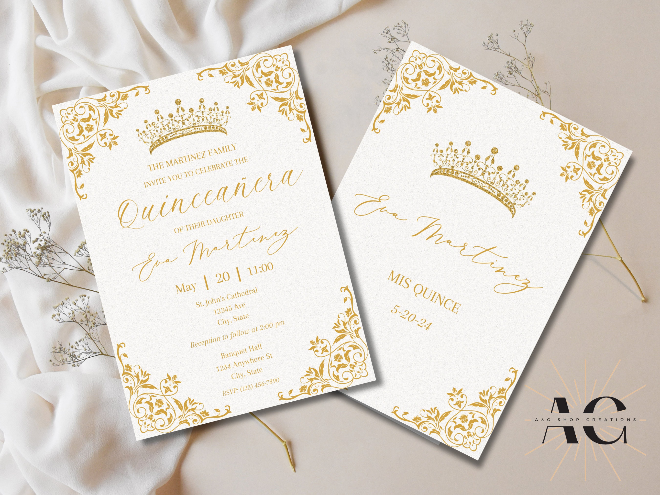 White and Gold Quinceañera Invitation: Editable Template (digital ...