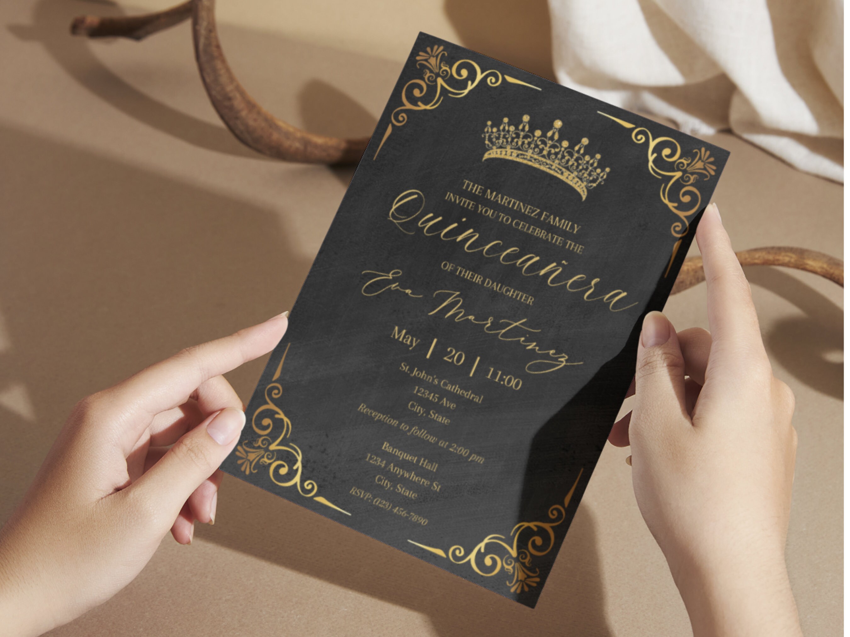 Black and Gold Quinceañera Invitation: Editable Template (digital) - Etsy