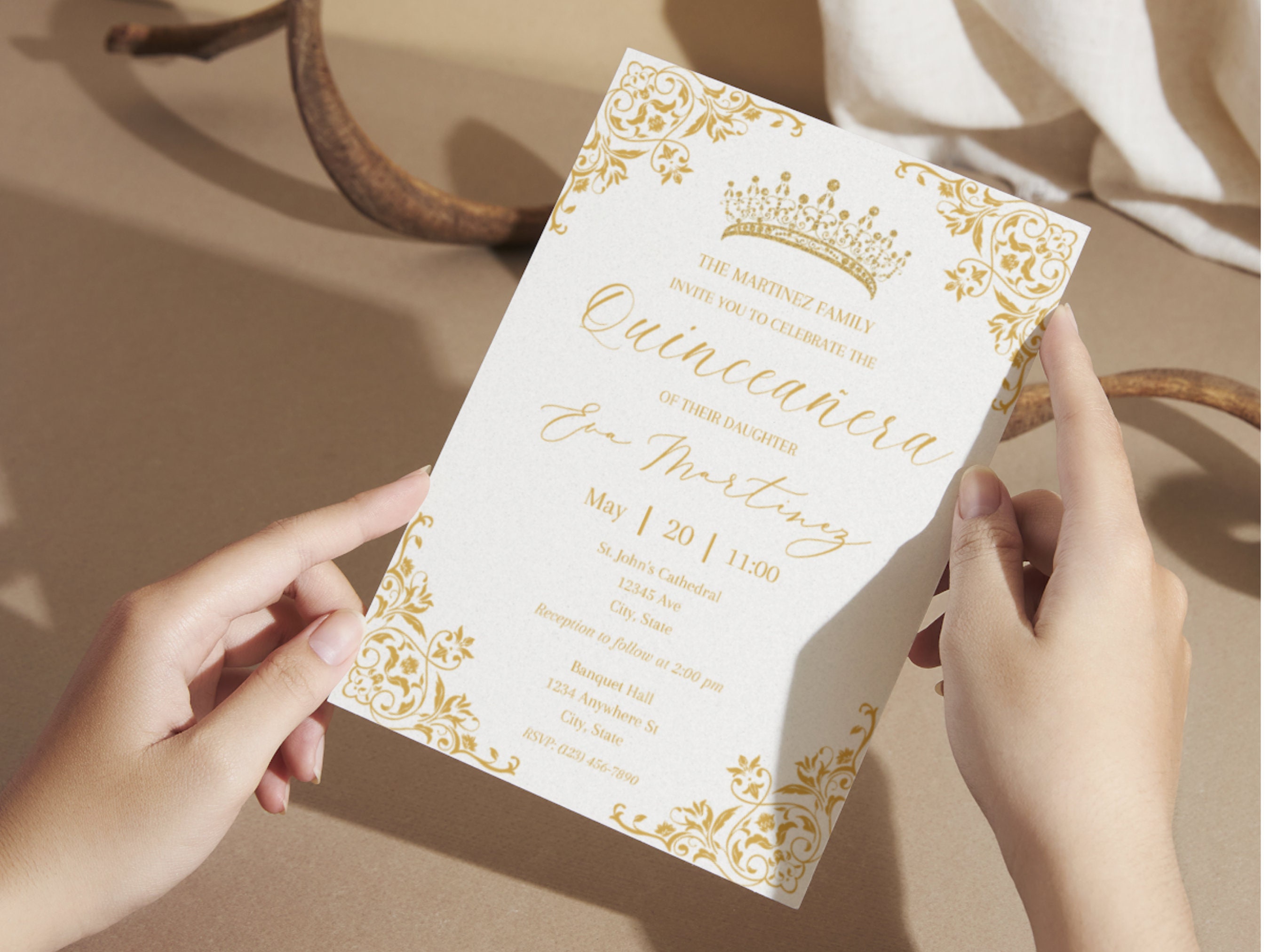 White and Gold Quinceañera Invitation: Editable Template (digital ...