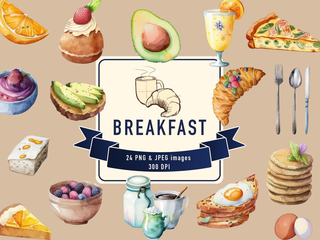Watercolor Breakfast Brunch Sweet Pancake Avocado Eggs Toast Coffee ...