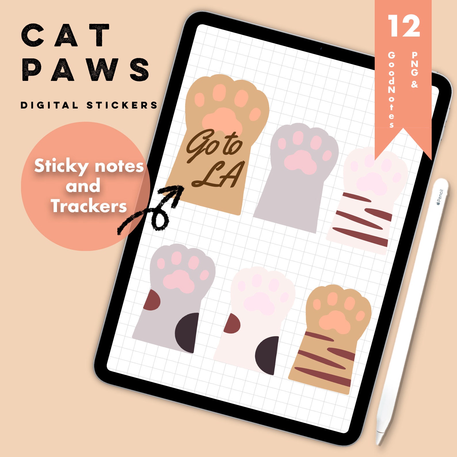 Cute Cat Paws Digital Planner Stickers, PNG Files, Clipart Download ...