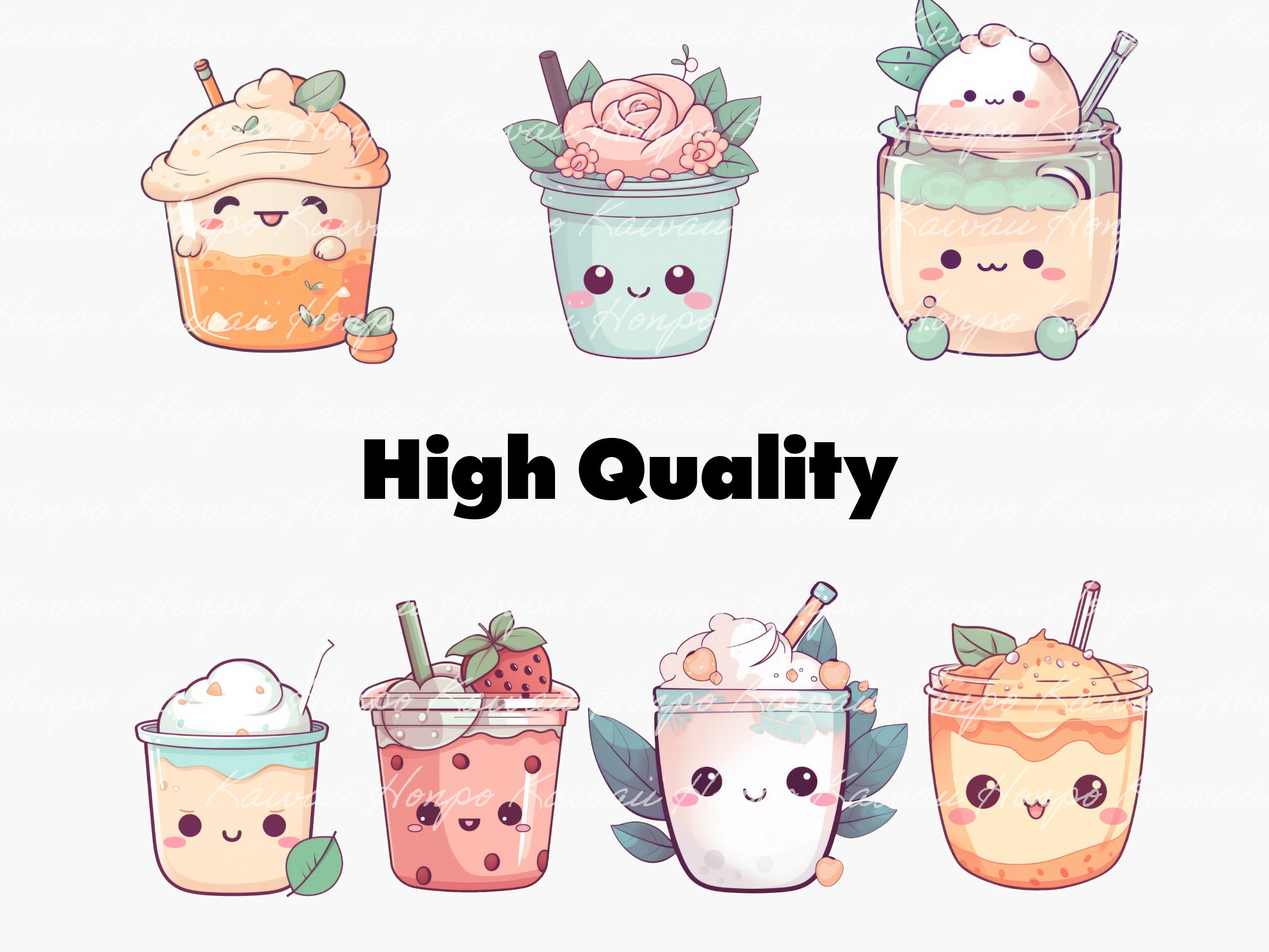 Cute Boba Drinks Kawaii Tapioca Pearl Milk Tea Characters Sweet Dessert ...