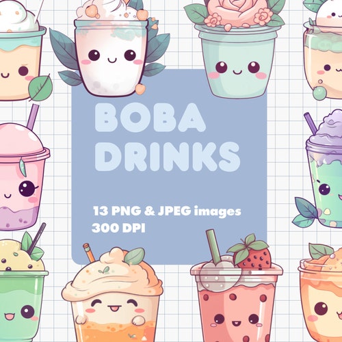 Cute Boba Drinks Kawaii Tapioca Pearl Milk Tea Characters - Etsy