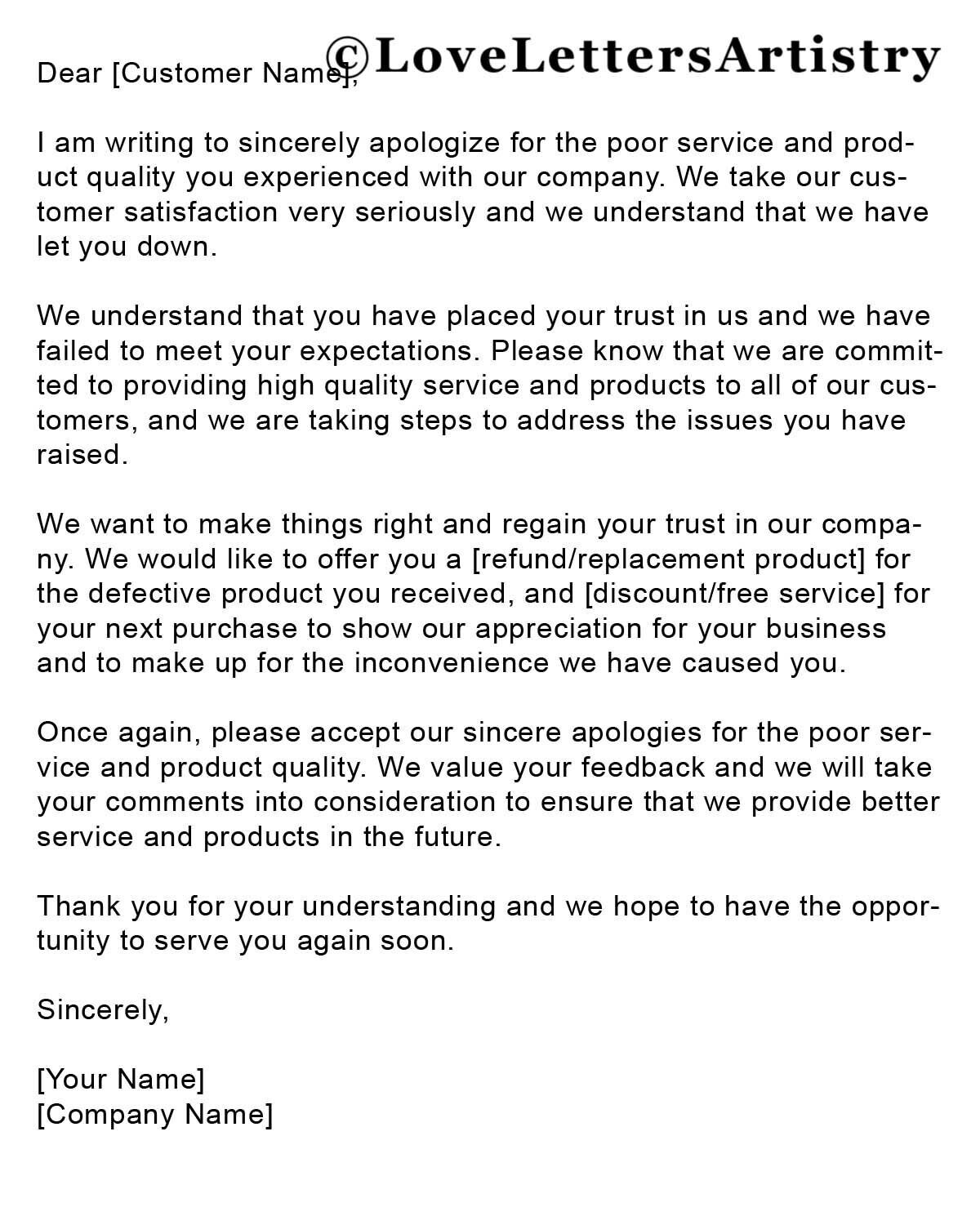 Apology Letter for Poor Service or Product Quality Paper - Etsy