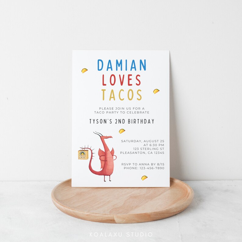 Dragons Love Tacos Birthday Party Invitation, Taco Party, Toddler ...