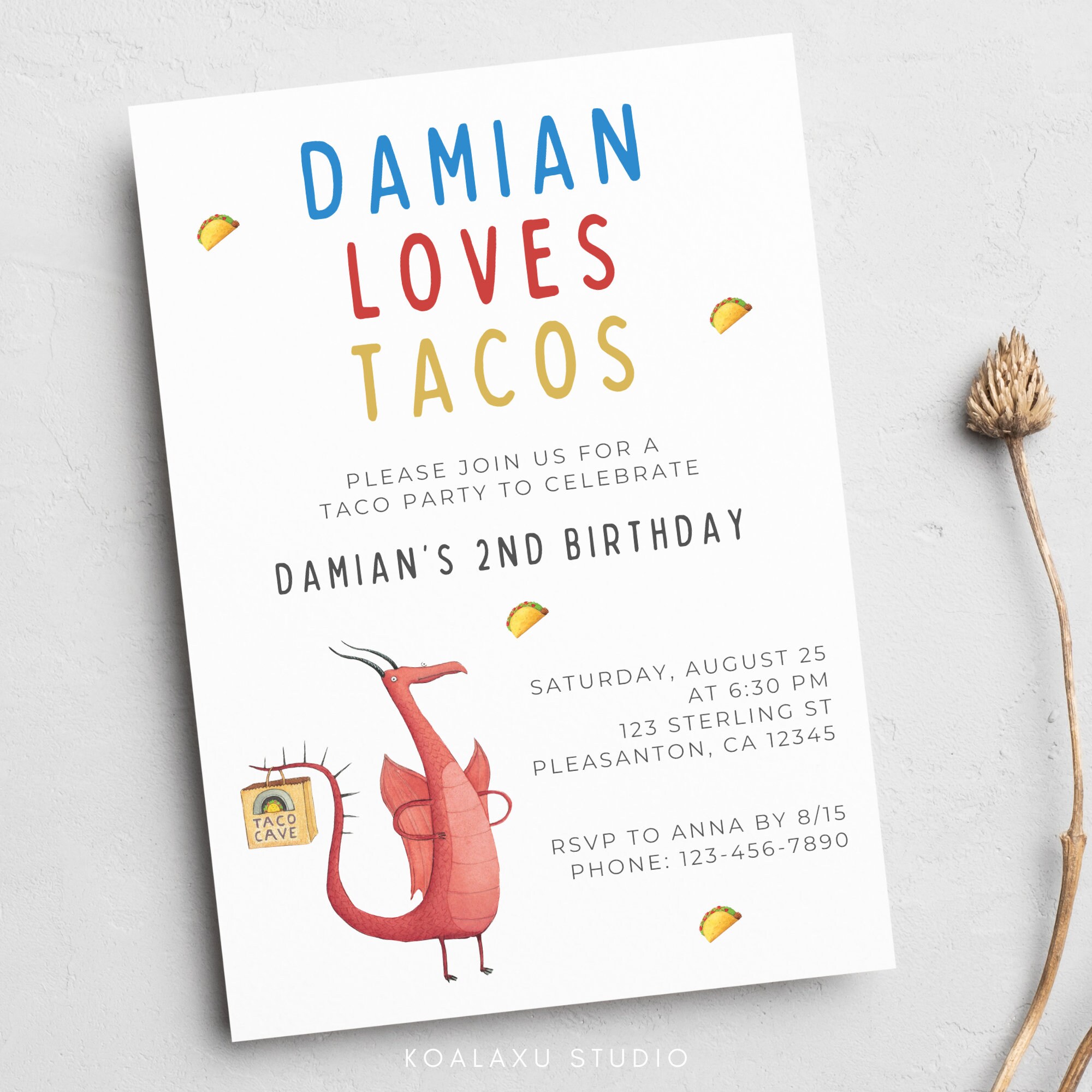 Dragons Love Tacos Birthday Party Invitation, Taco Party, Toddler ...