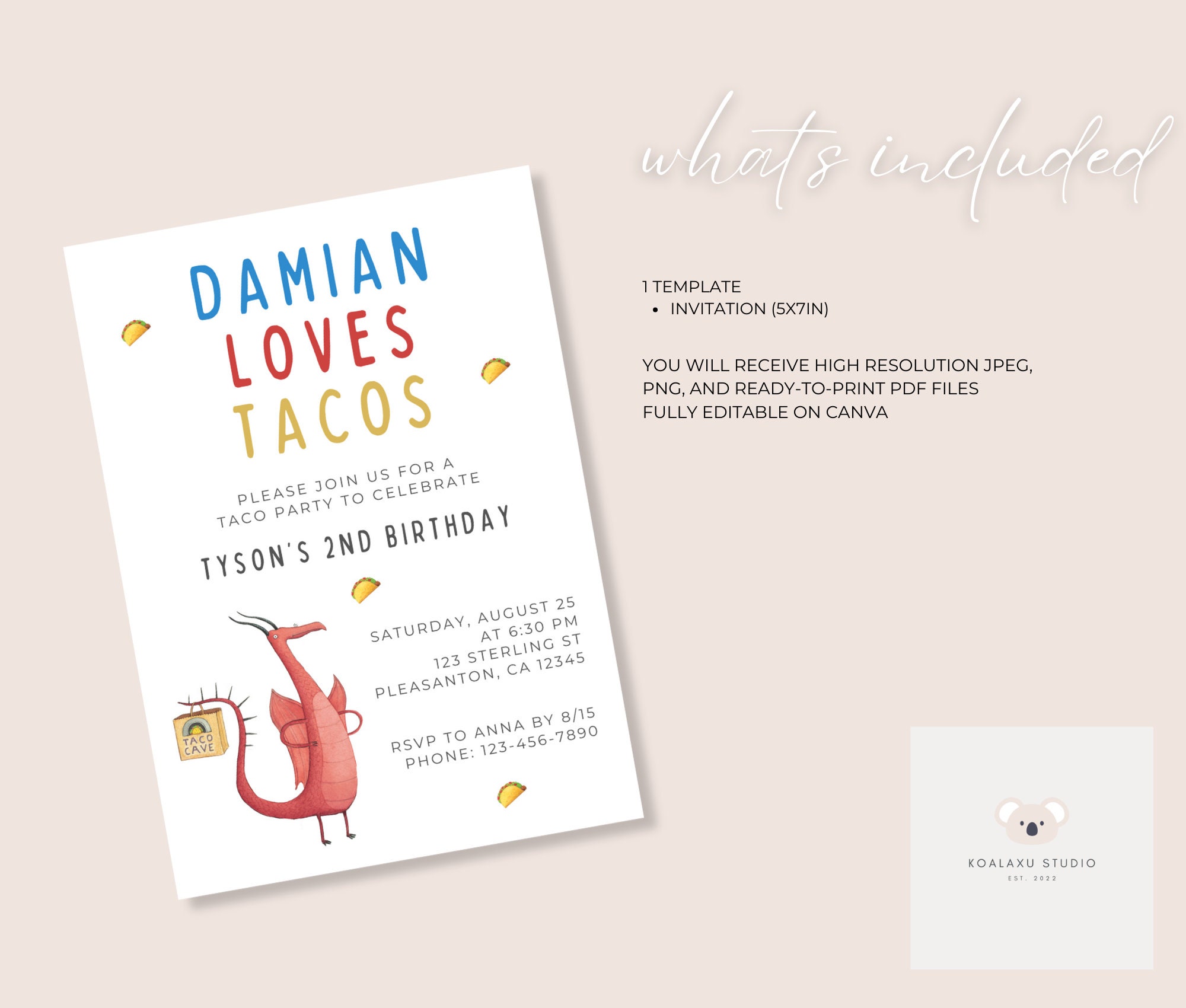 Dragons Love Tacos Birthday Party Invitation, Taco Party, Toddler ...