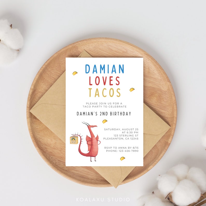 Dragons Love Tacos Birthday Party Invitation, Taco Party, Toddler ...