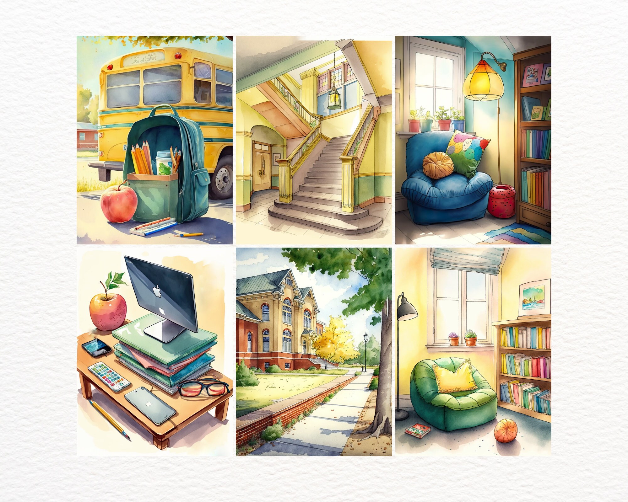 Back to School Scenes Watercolor Autumn Clipart Watercolor - Etsy