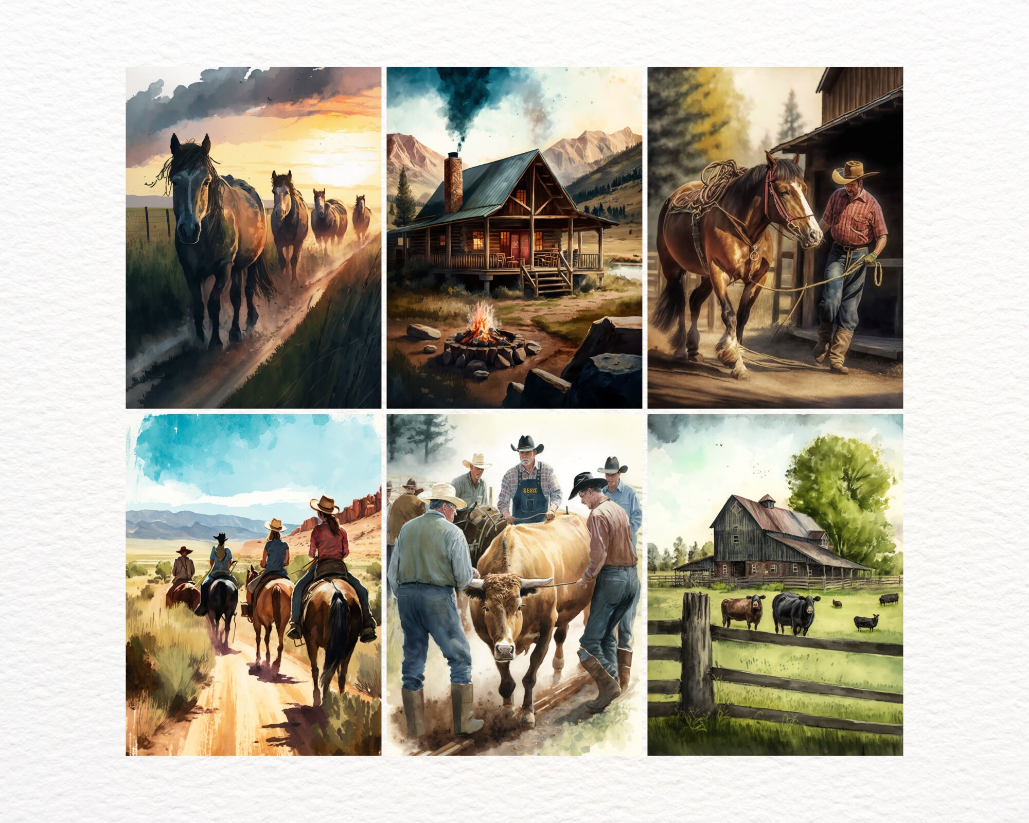 Ranch Scenes, Watercolor Ranch Clipart, Digital Ranch Art, Watercolor ...