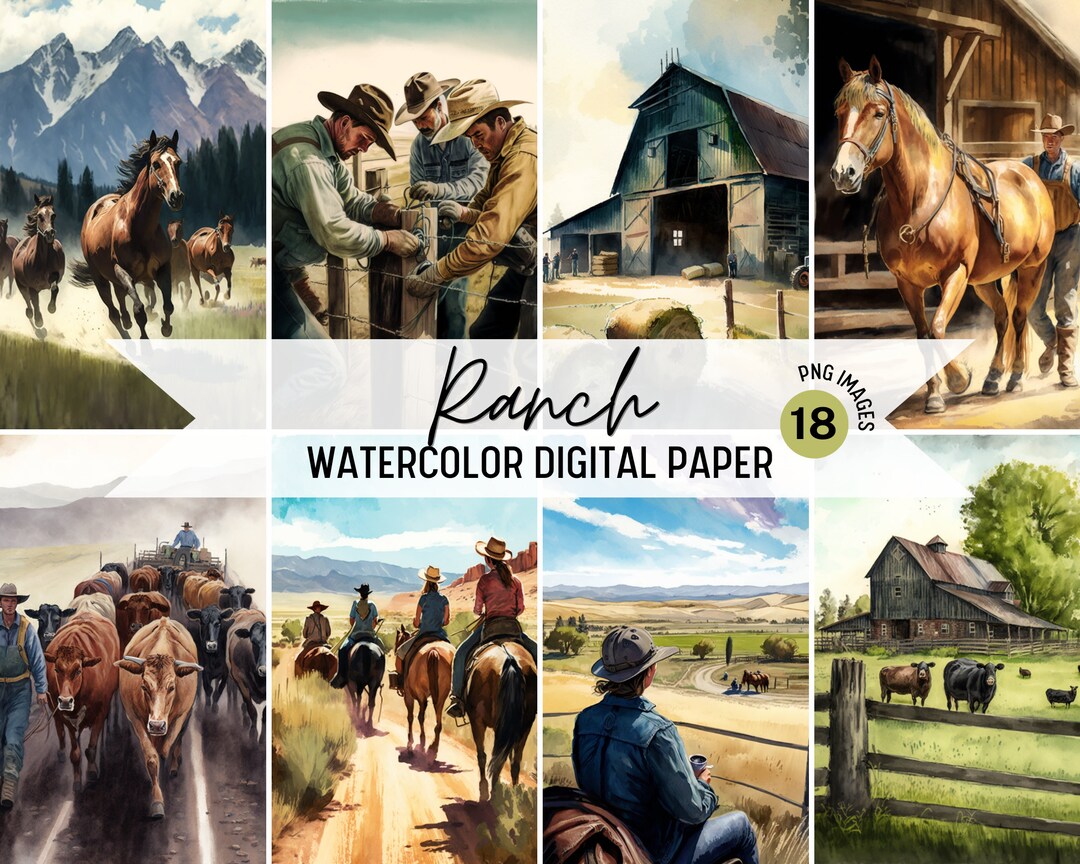 Ranch Scenes, Watercolor Ranch Clipart, Digital Ranch Art, Watercolor ...
