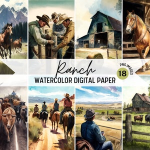 Ranch Scenes, Watercolor Ranch Clipart, Digital Ranch Art, Watercolor ...