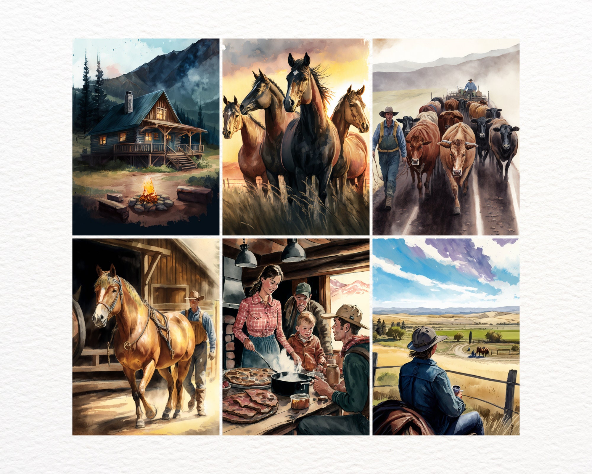 Ranch Scenes, Watercolor Ranch Clipart, Digital Ranch Art, Watercolor ...