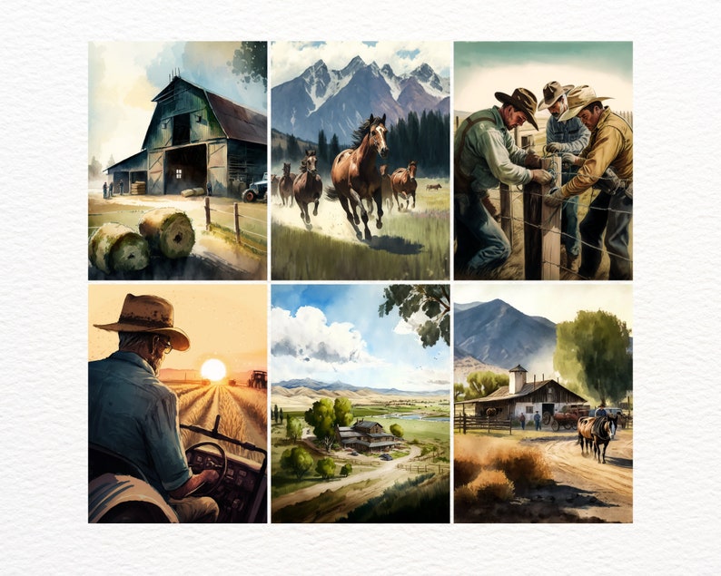 Ranch Scenes, Watercolor Ranch Clipart, Digital Ranch Art, Watercolor ...
