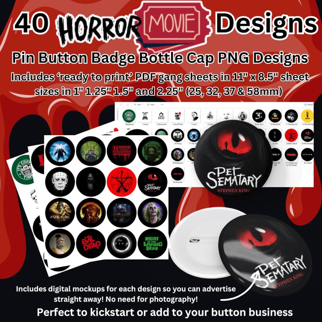 Horror Movies Pin Button Badge Designs: 40 PNG Images, Mockups (digital ...