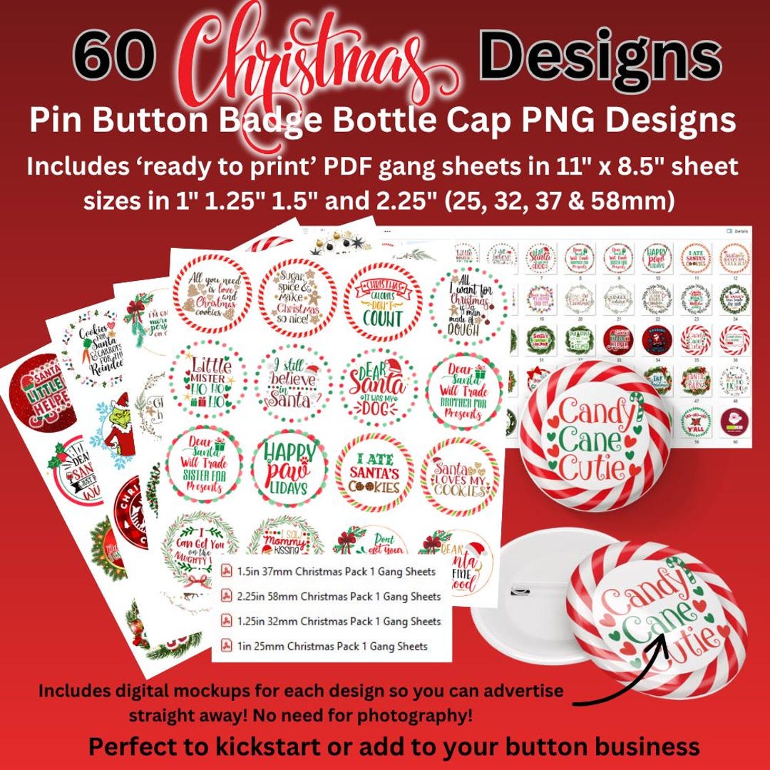 Christmas Pin Button Badge Designs: 60 PNG Images, Mockups (digital ...