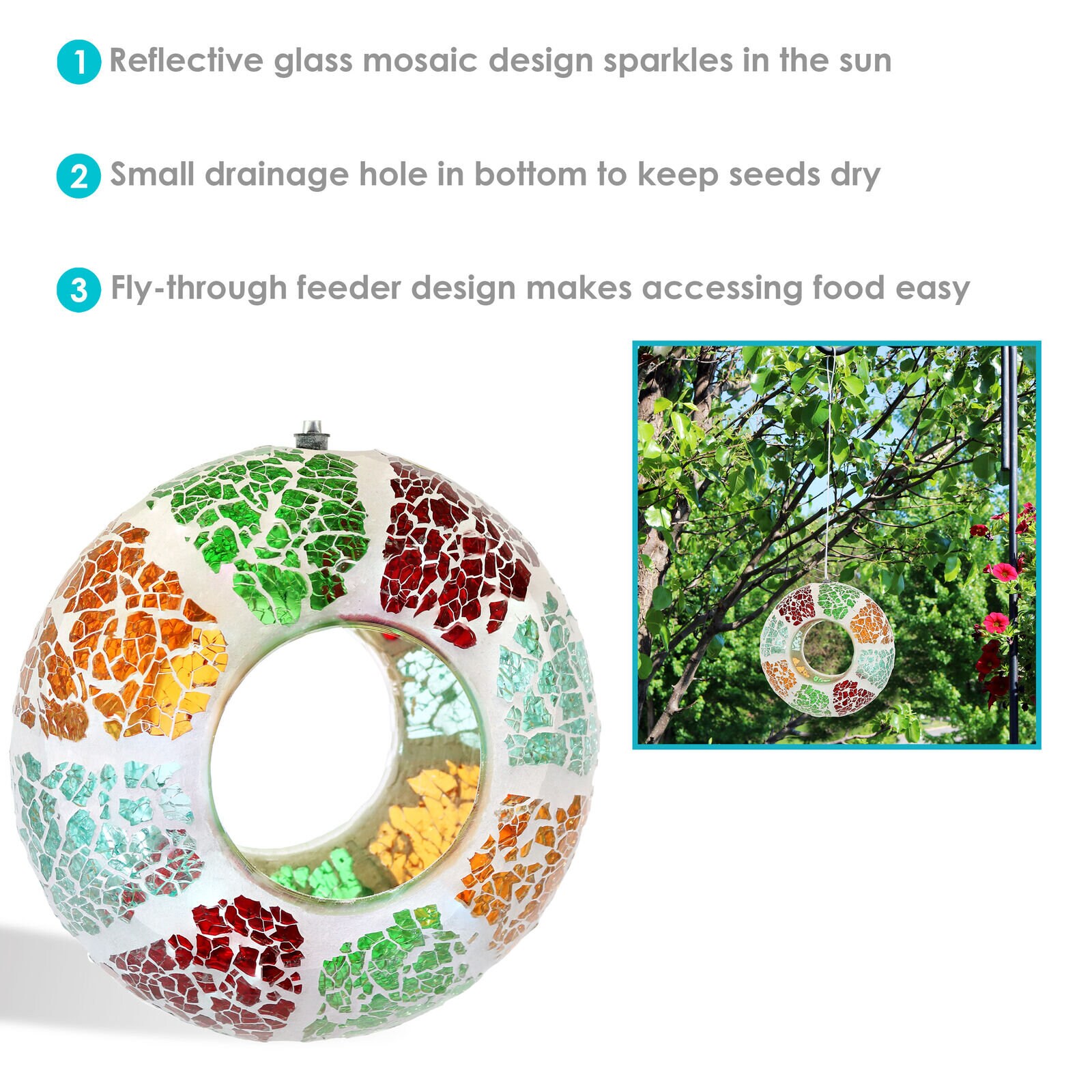 Glass Mosaic Circular-shaped Fly-through Bird Feeder With Hanging Loop ...