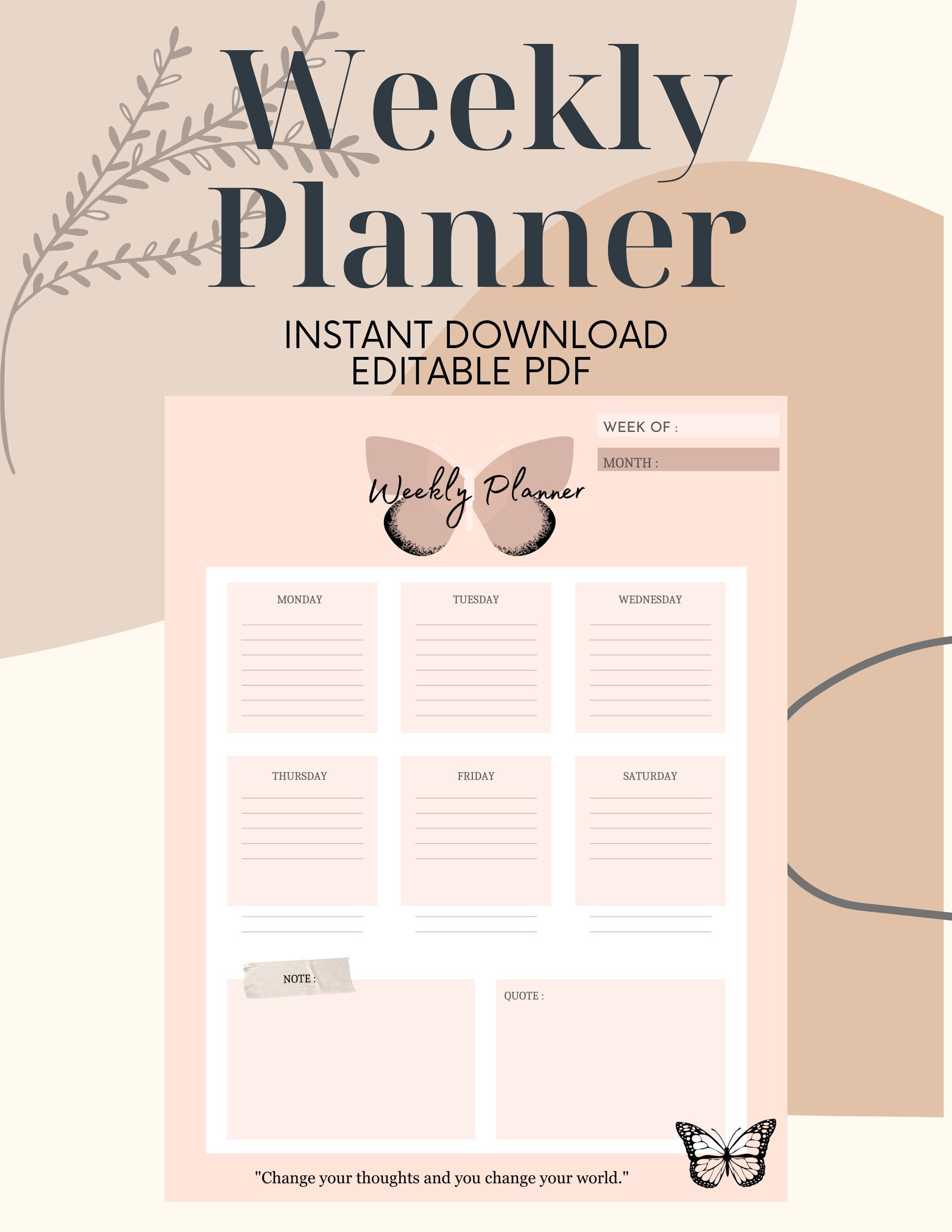 Editable Weekly Planner Worksheet | Printable Planner PDF ...
