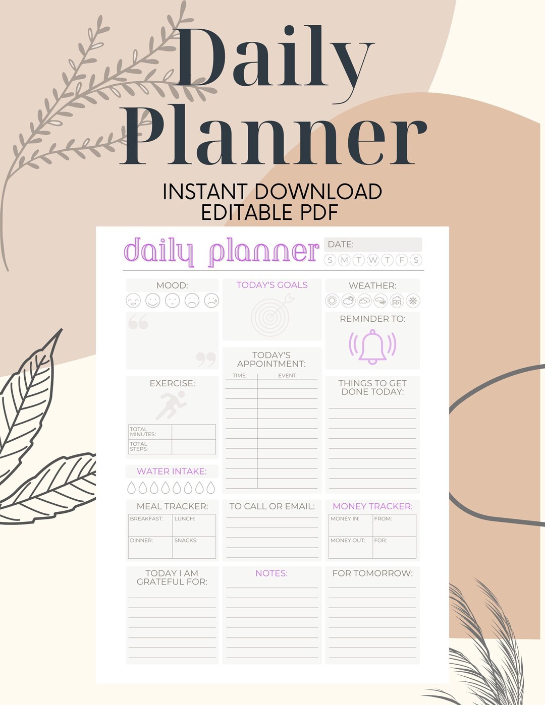 Editable Daily Planner Worksheet | Printable Planner PDF | Productivity ...