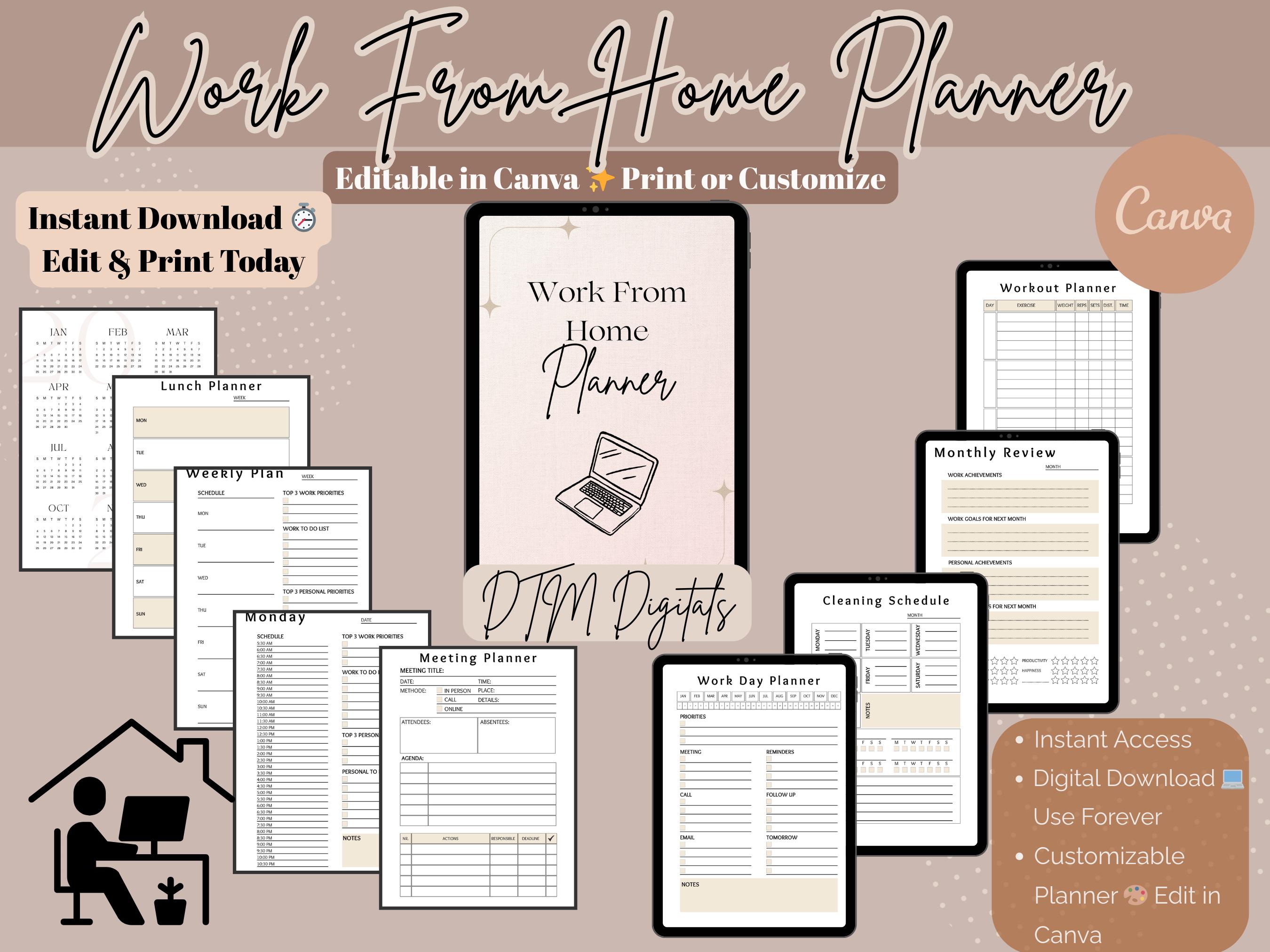 Editable Work From Home Planner Canva Template | Printable Productivity ...