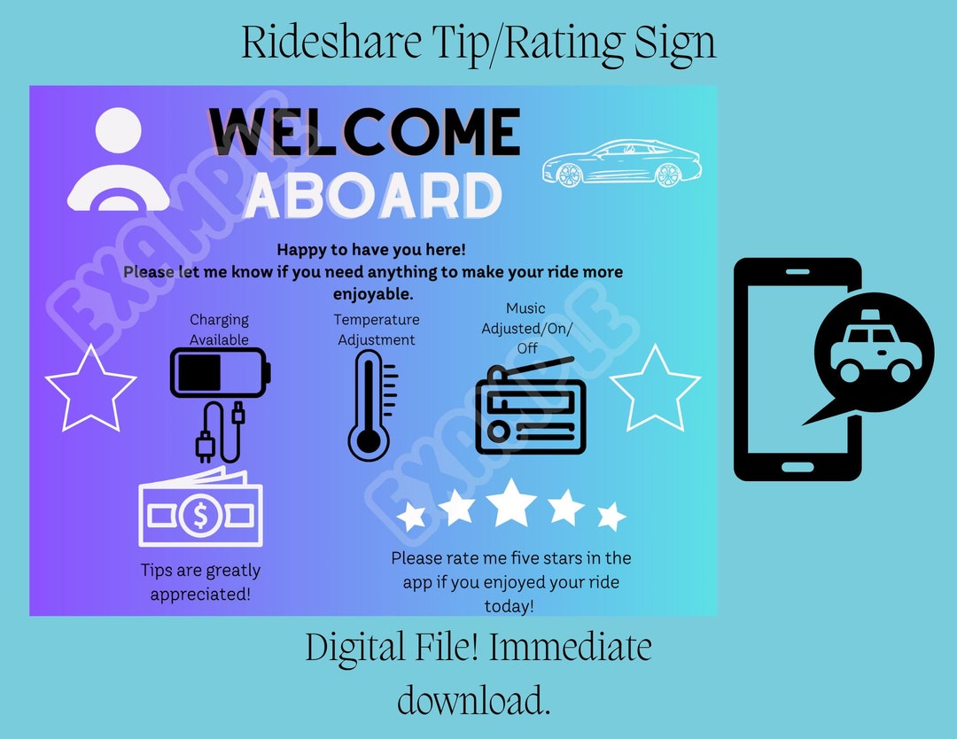 Lyft, Uber, Taxi, Rideshare Tip and Rating Sign With Temperature/music ...