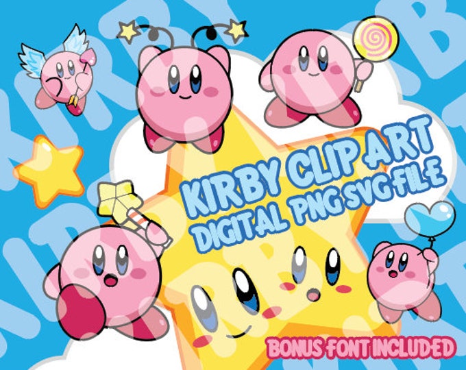 Kirby Clip Art and Bonus Font for Kids CANVA SVG PNG Kirby Artwork for ...