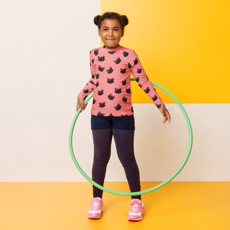 Cute Pink Rash Guard, Black Kitten Swim Shirt, Girl Rash Guard, Pink ...