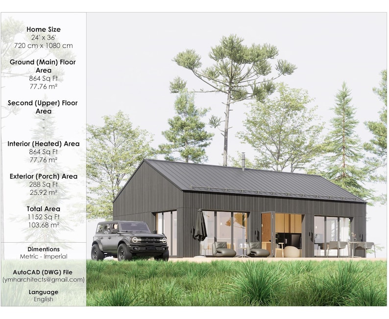 Modern Gable House Plans, Black, 2 Bedroom, 1 Bath, 24' X 36' (864 Sqft ...