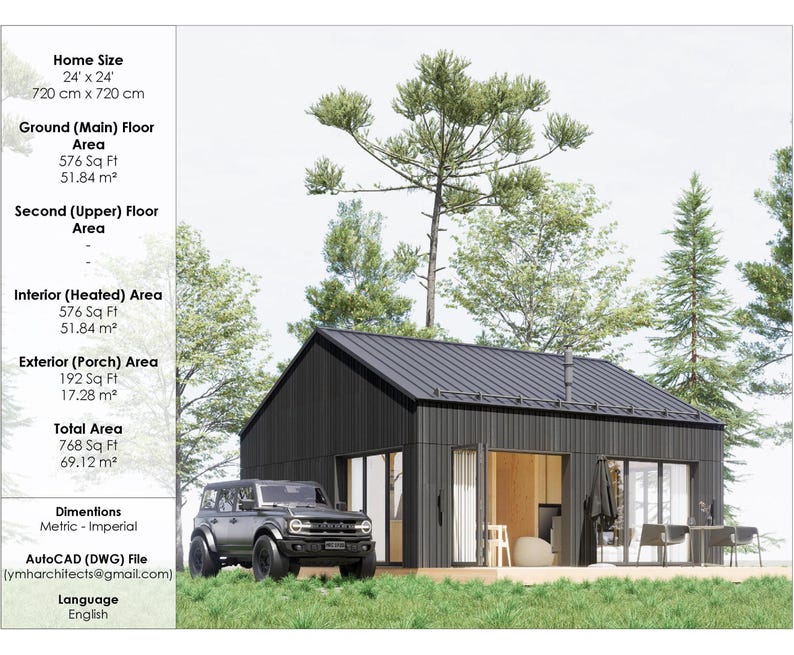 Tiny Gable House Plans, 1 Bed, 1 Bath, 24x24 (PDF & DWG) - Etsy