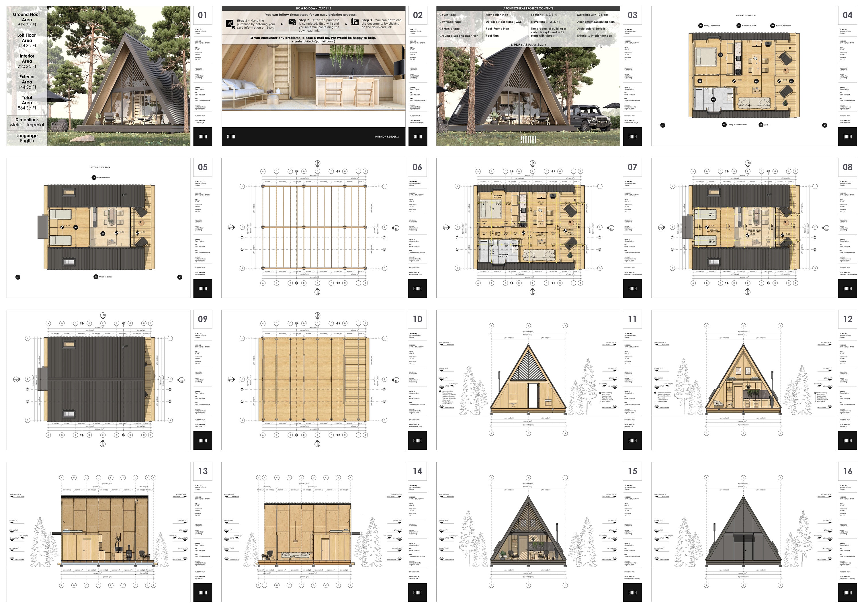 Lux A Frame House, 2 Storey House, 2 Bedroom, Architectural Plans 24' X ...