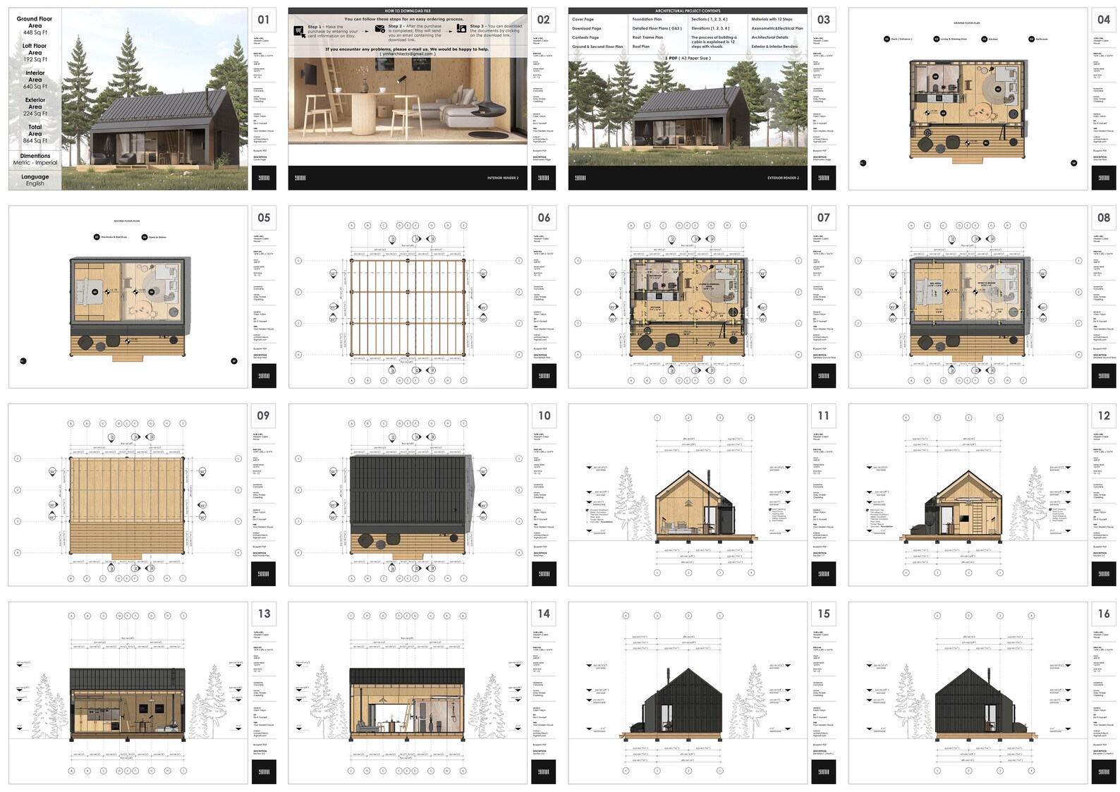 Modern Cabin Architectural Plans, Grey Timber Cladding (52 Pages PDF ...