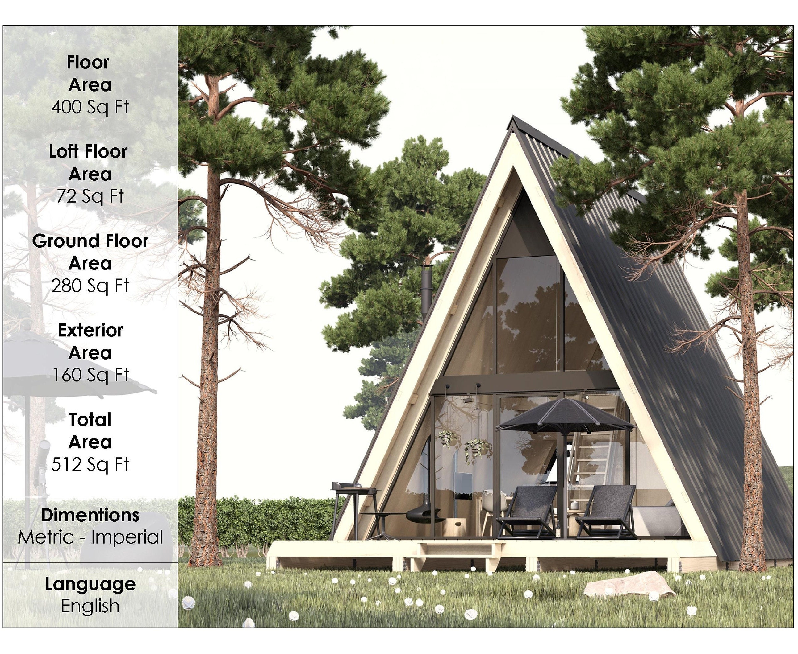 Two Storey Triangular Tiny House, A Frame Cabin Plan, 1 Bed, 1 Bath, 1 ...