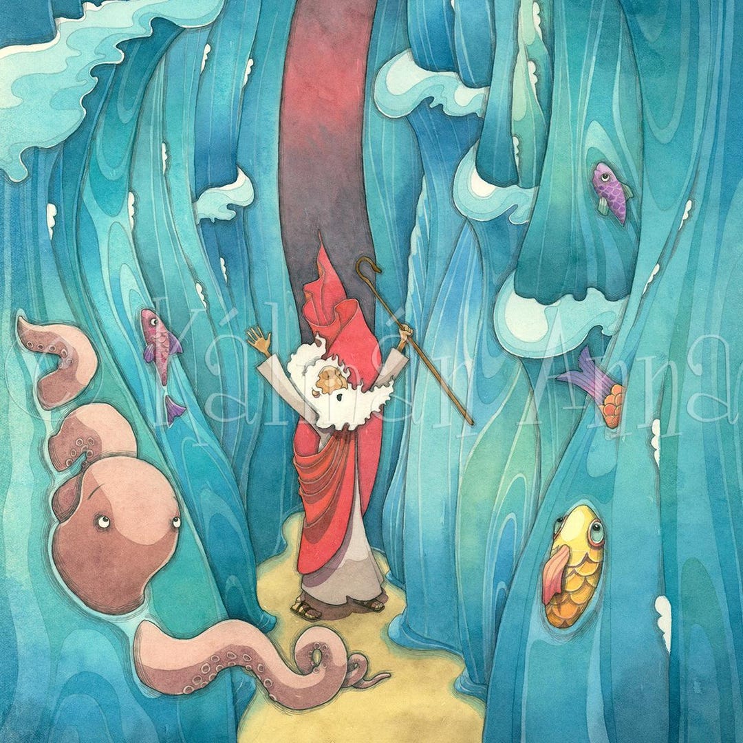 Parting of the Red Sea - Children's Bible Art Print, Bible Nursery Wall ...