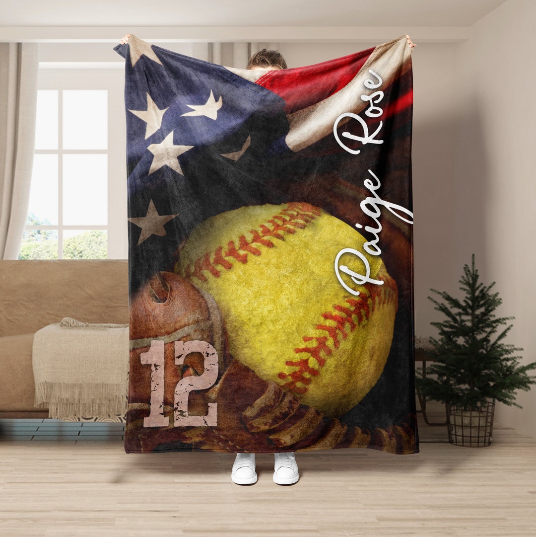 Personalized Softball Blanket, Ball & Glove US Flag Soft Cozy Sherpa ...