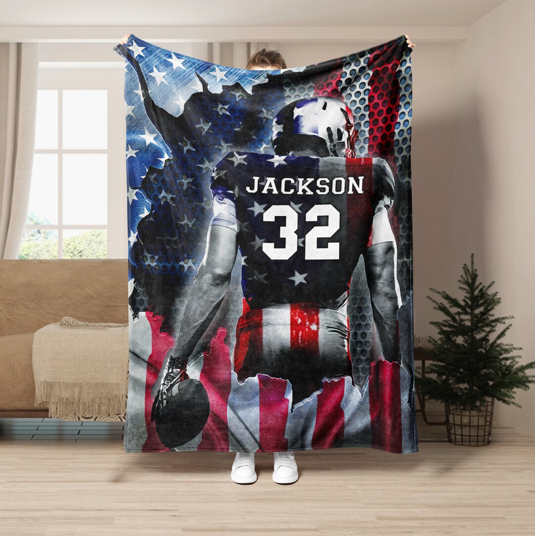 Personalized Football Blanket, Player US Flag Soft Cozy Sherpa Fleece ...