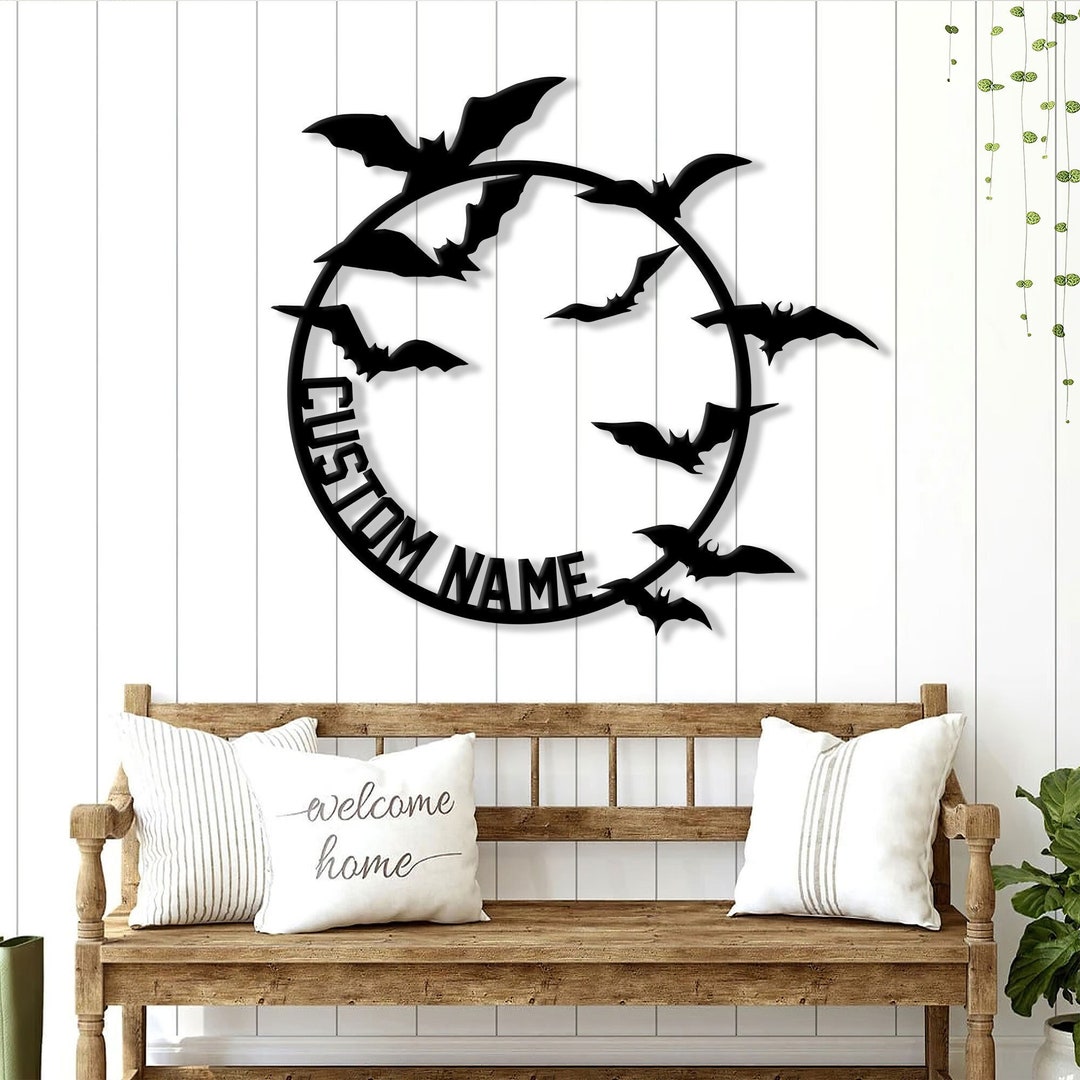 Personalized Halloween Bat Metal Sign, Flying Bats Sign, Custom Name ...