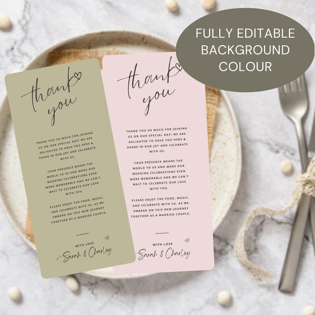 Minimalist Thank You Letter, Wedding Menu Thank You, Wedding Napkin ...
