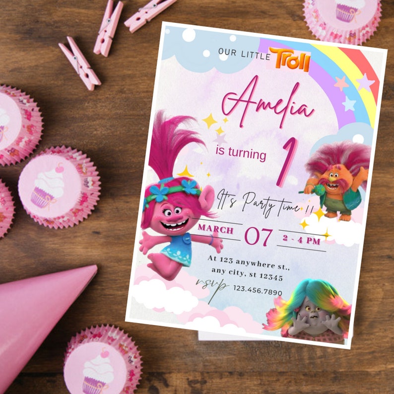 Trolls Invitation, Kids Birthday Party Invite, Princess Poppy Invite ...