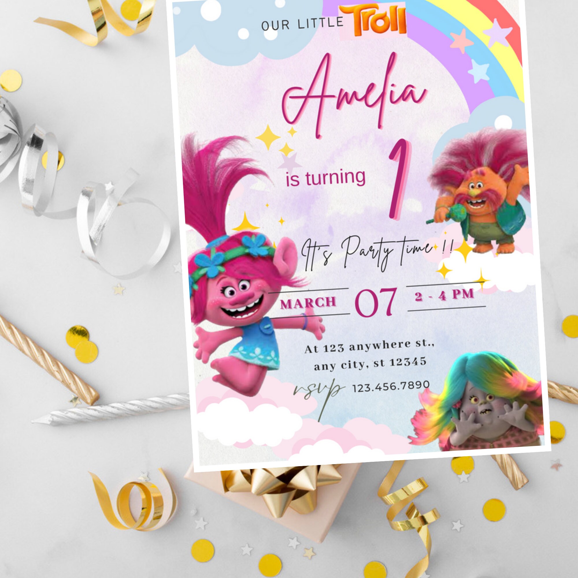 Trolls Invitation, Kids Birthday Party Invite, Princess Poppy Invite ...