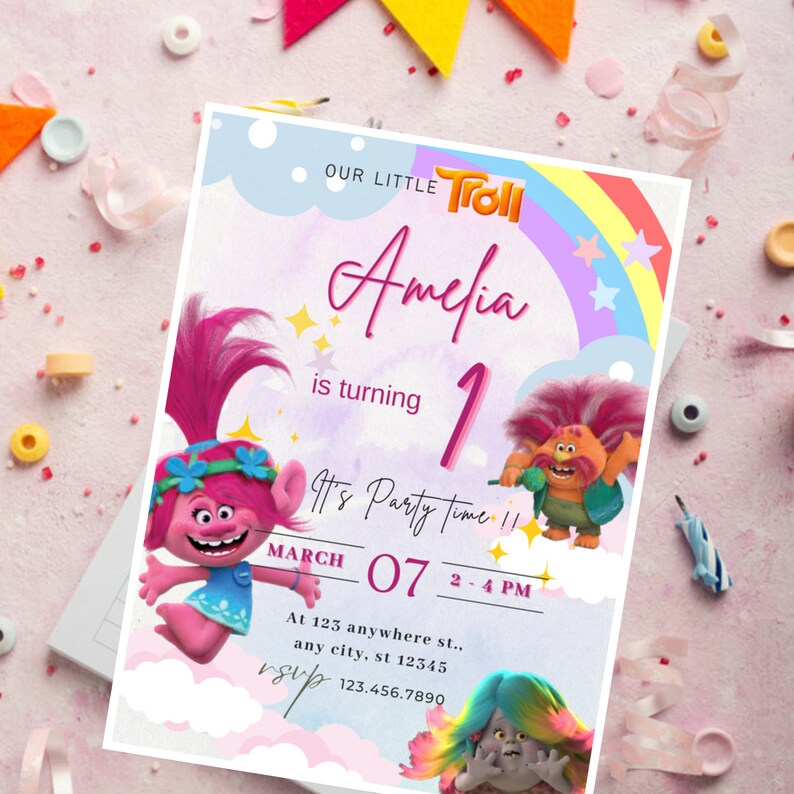 Trolls Invitation, Kids Birthday Party Invite, Princess Poppy Invite ...