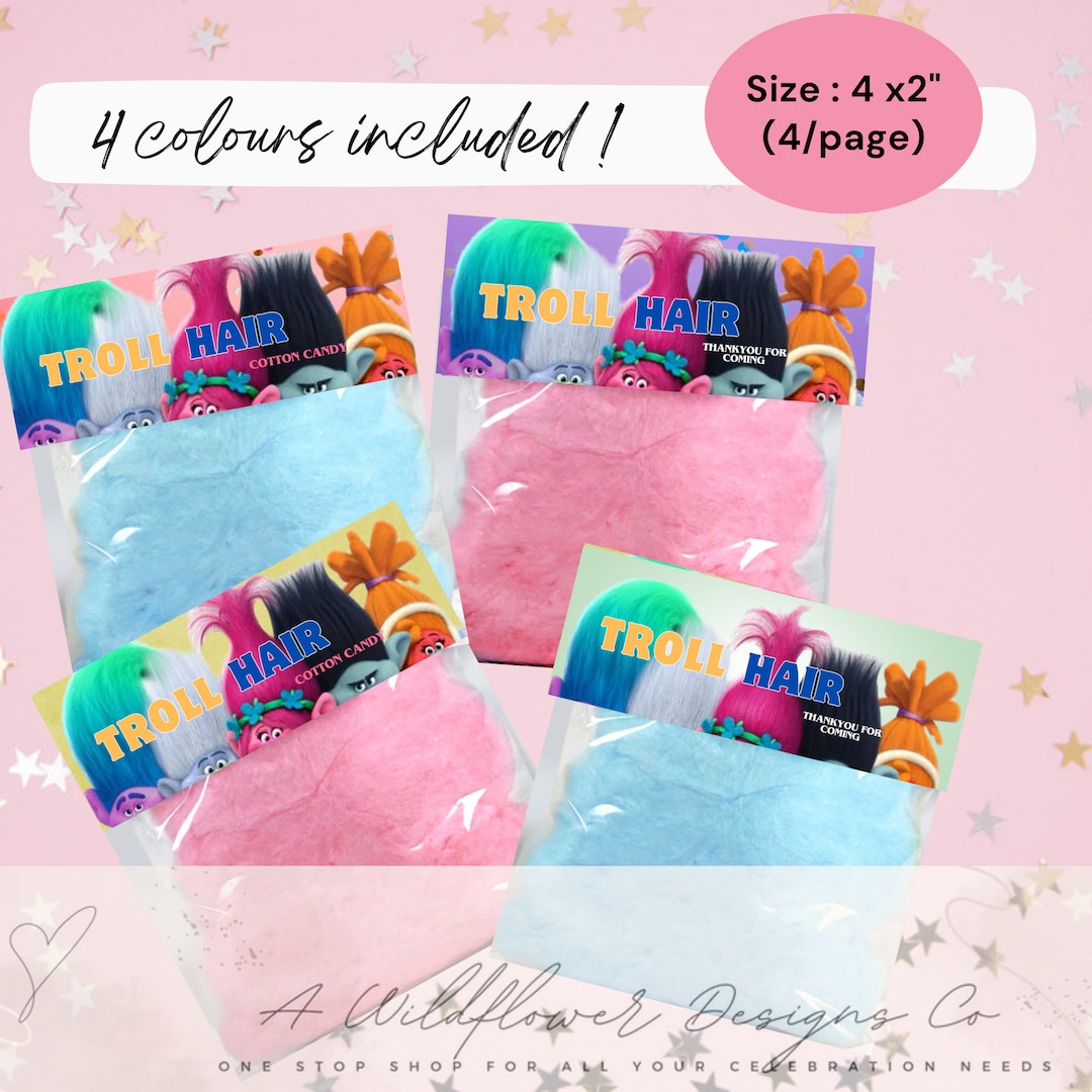 Trolls Birthday Party Favors, Trolls Cotton Candy Label, Treat Bag ...