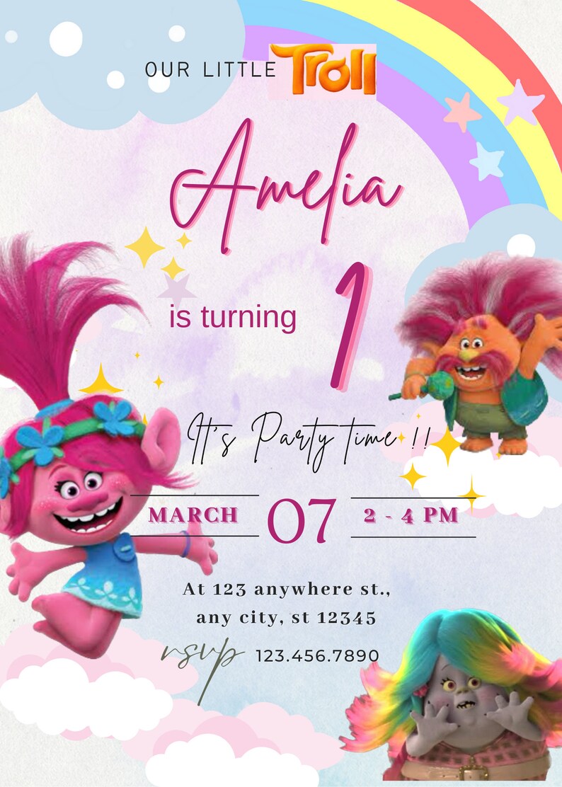 Trolls Invitation, Kids Birthday Party Invite, Princess Poppy Invite ...