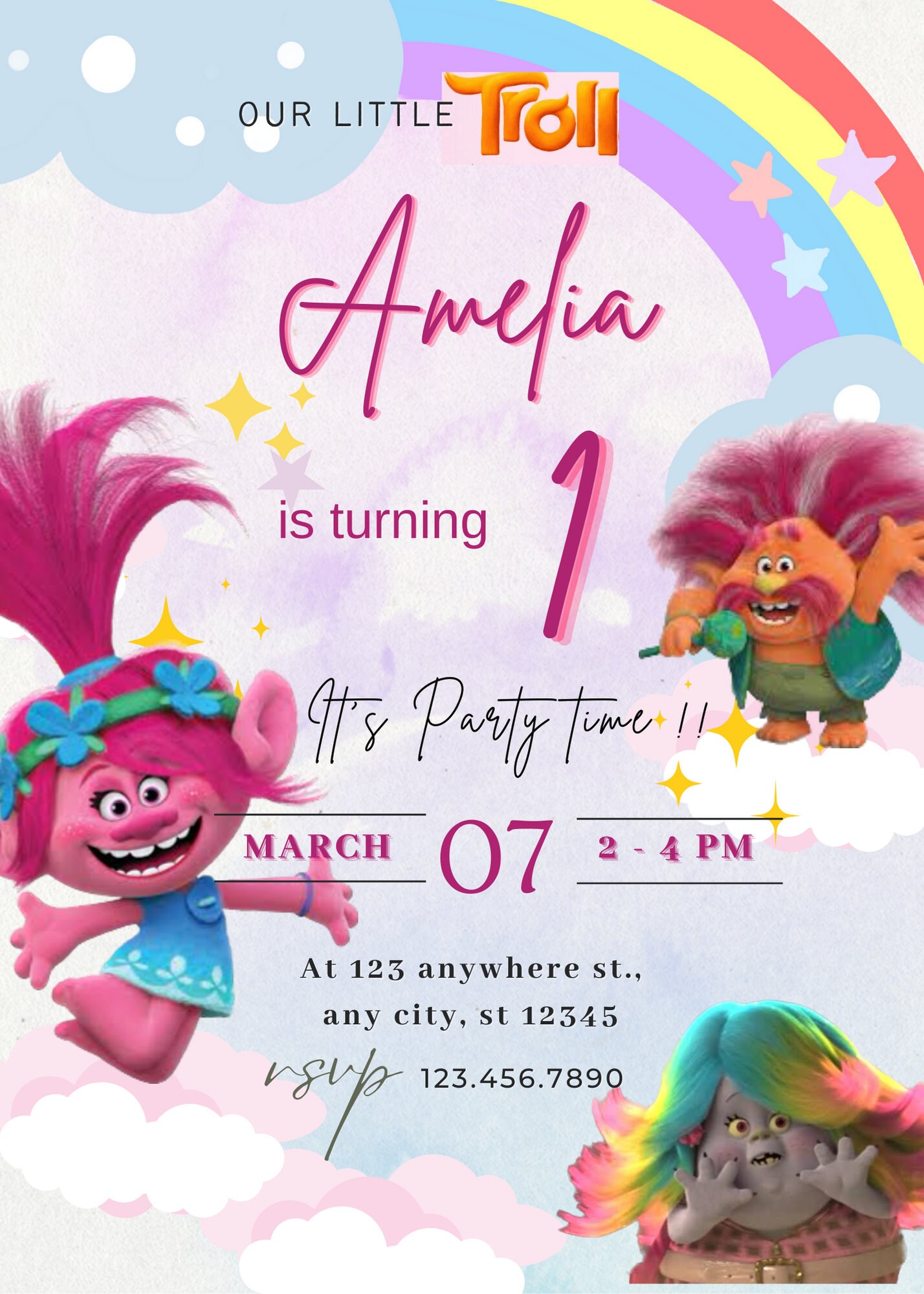 Trolls Invitation, Kids Birthday Party Invite, Princess Poppy Invite ...