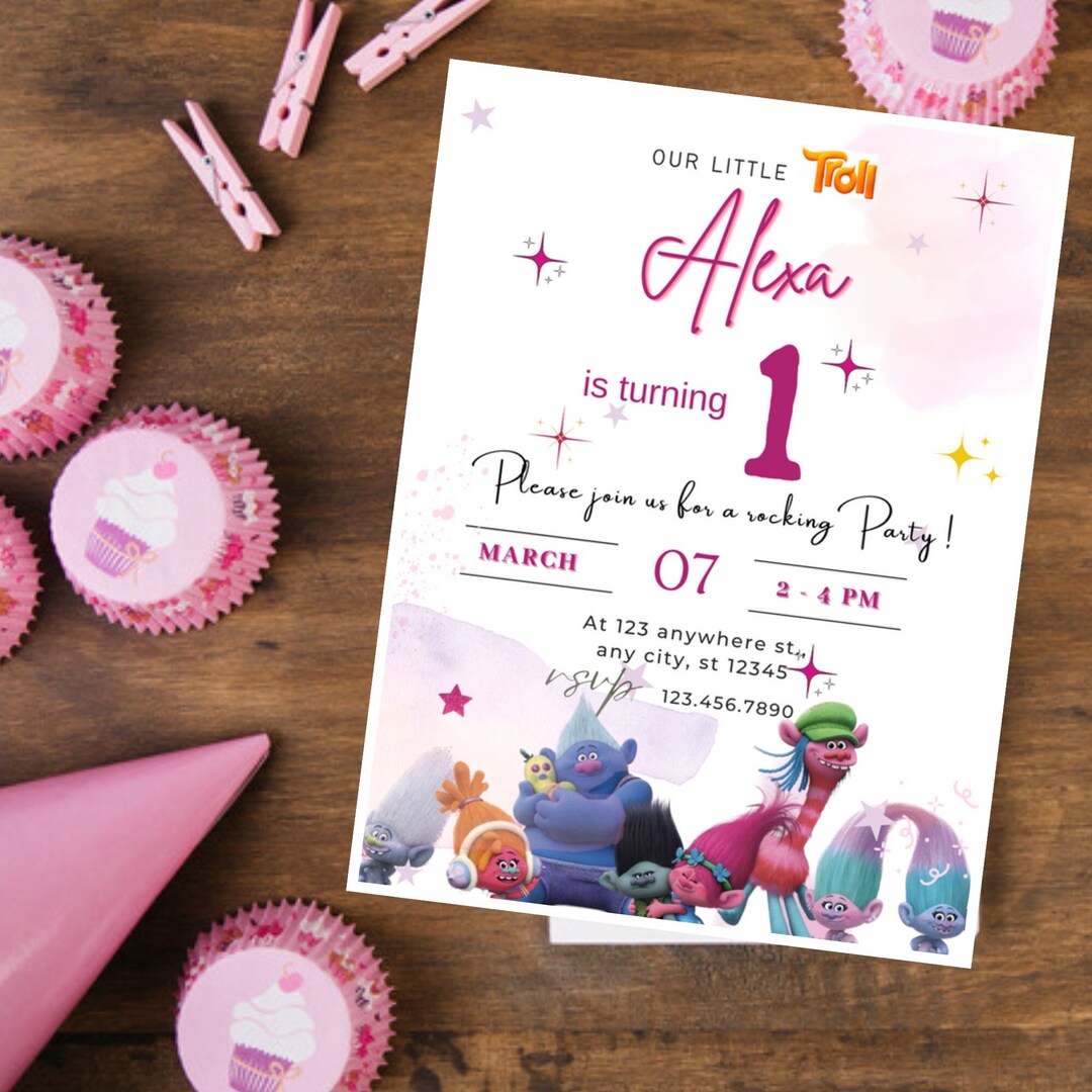 Trolls Invitation, Simple Kids Birthday Party Invite, Princess Poppy ...