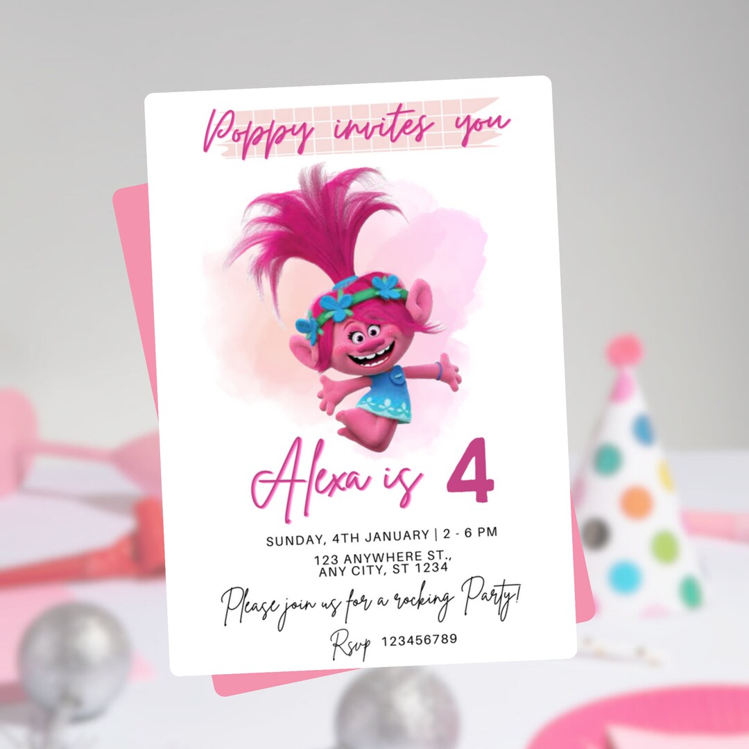 Princess Poppy Invite, Trolls Invitation, Trolls Kids Birthday Party ...